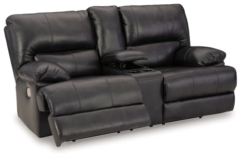 Signature Design by Ashley Mountainous Modern Leather Match Wall Hugger Power Reclining Loveseat with Adjustable Headrest, USB Ports, Storage and Cup Holders, Black