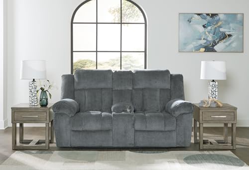 Signature Design by Ashley Tip-Off Modern Wall Hugger Power Reclining Loveseat with Adjustable Headrest, USB Ports, Storage and Cup Holders, Gray