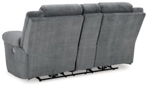 Signature Design by Ashley Tip-Off Modern Wall Hugger Power Reclining Loveseat with Adjustable Headrest, USB Ports, Storage and Cup Holders, Gray