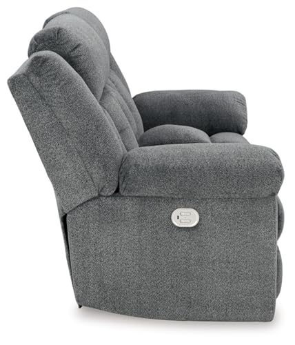 Signature Design by Ashley Tip-Off Modern Wall Hugger Power Reclining Loveseat with Adjustable Headrest, USB Ports, Storage and Cup Holders, Gray