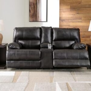 Signature Design by Ashley Mountainous Modern Leather Match Wall Hugger Power Reclining Loveseat with Adjustable Headrest, USB Ports, Storage and Cup Holders, Black