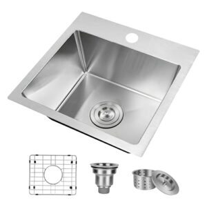 yssoa top-mount workstation kitchen sink, 20 gauge single bowl stainless steel with 3 accessories (sink + bottom grid + drain), 15-inch, silver