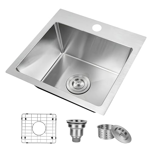 YSSOA Top-Mount Workstation Kitchen Sink, 20 Gauge Single Bowl Stainless Steel with 3 Accessories (Sink + Bottom Grid + Drain), 15-Inch, Silver