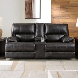 Signature Design by Ashley Mountainous Modern Leather Match Wall Hugger Power Reclining Loveseat with Adjustable Headrest, USB Ports, Storage and Cup Holders, Black