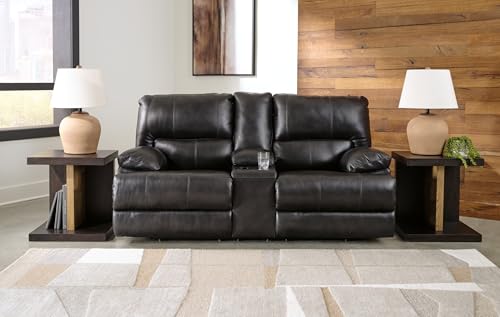 Signature Design by Ashley Mountainous Modern Leather Match Wall Hugger Power Reclining Loveseat with Adjustable Headrest, USB Ports, Storage and Cup Holders, Black