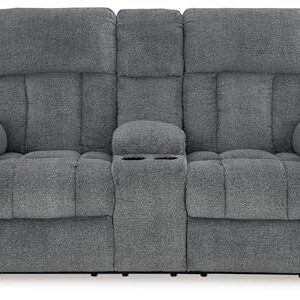 Signature Design by Ashley Tip-Off Modern Wall Hugger Power Reclining Loveseat with Adjustable Headrest, USB Ports, Storage and Cup Holders, Gray