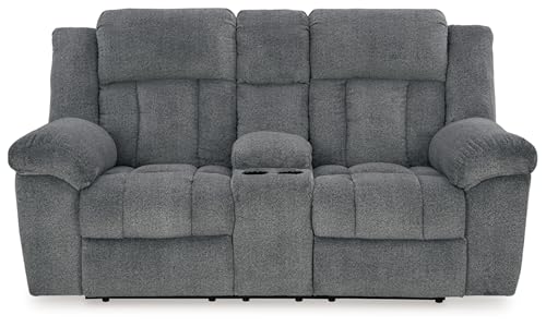 Signature Design by Ashley Tip-Off Modern Wall Hugger Power Reclining Loveseat with Adjustable Headrest, USB Ports, Storage and Cup Holders, Gray