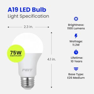 Feit Electric A19 LED Light Bulb, 75W Equivalent, E26 Medium Base, 1100 Lumens, 5000K Daylight White, General Purpose Light Bulbs, 11,000-Hour Lifetime, A1100/850/10KLED/2/6, 12 Pack