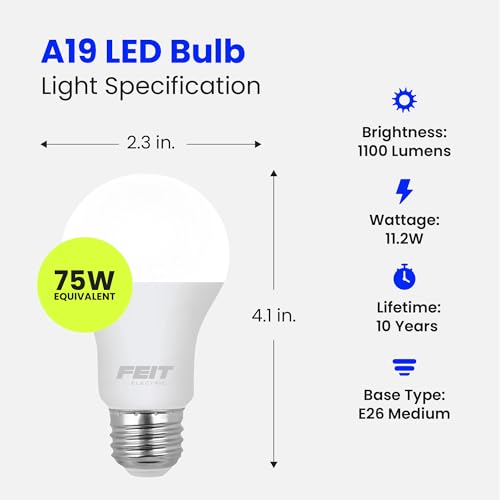 Feit Electric A19 LED Light Bulb, 75W Equivalent, E26 Medium Base, 1100 Lumens, 5000K Daylight White, General Purpose Light Bulbs, 11,000-Hour Lifetime, A1100/850/10KLED/2/6, 12 Pack