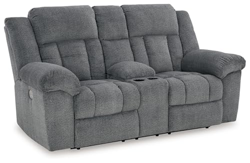 Signature Design by Ashley Tip-Off Modern Wall Hugger Power Reclining Loveseat with Adjustable Headrest, USB Ports, Storage and Cup Holders, Gray