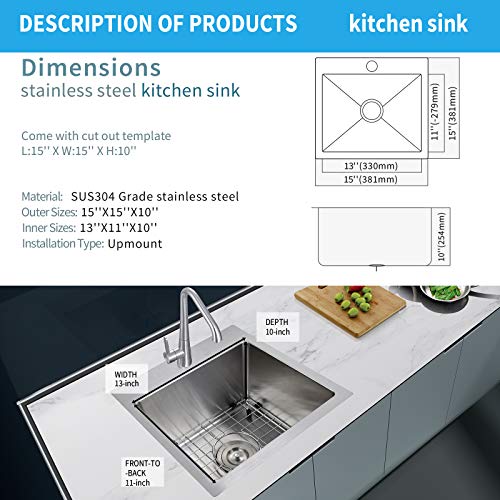 YSSOA Top-Mount Workstation Kitchen Sink, 20 Gauge Single Bowl Stainless Steel with 3 Accessories (Sink + Bottom Grid + Drain), 15-Inch, Silver