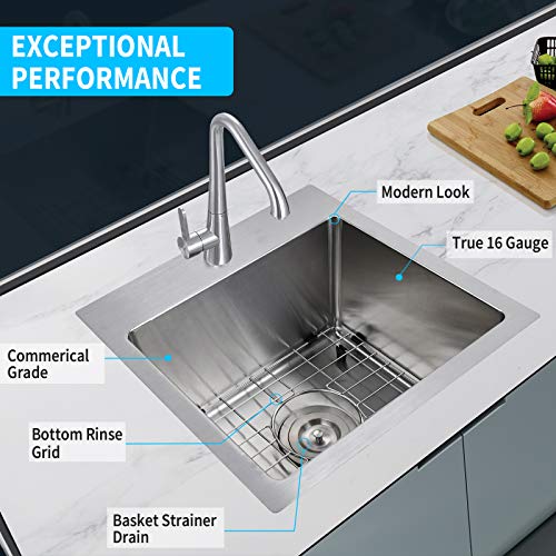 YSSOA Top-Mount Workstation Kitchen Sink, 20 Gauge Single Bowl Stainless Steel with 3 Accessories (Sink + Bottom Grid + Drain), 15-Inch, Silver