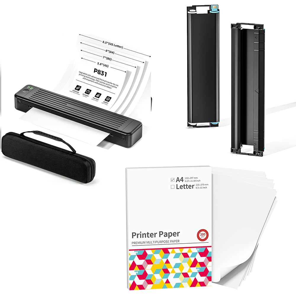 Itari P831 Black Bluetooth Thermal Transfer Printer, Portable Printers Wireless for Travel, 300DPI Inkless Printer with 2 Roll Exclusive Thermal Transfer Ribbon and 200 Sheets A4 Printer Paper with Ca