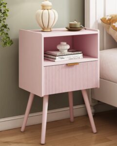 joonee nightstand,modern bedside table with storage drawer and open wood shelf, for living room, bedroom and small spaces, accent night stand with solid wood legs, easy assembly,classic pink