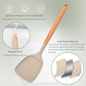 Kitchen Utensils Set, 10 PCS Non-Stick Stainless Steel Knives Set and Silicone Cooking Utensils Spatula Set with Holder, Wooden Ergonomic Handle Home Kitchenware Accessories Cookware Set (Khaki)