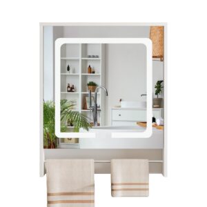 lighted medicine cabinet with mirror, single door bathroom mirror with storage & adjustable shelves, mirror medicine cabinet wall mounted with led lights, usbs, towel bar (22.8*6.1, shelves)