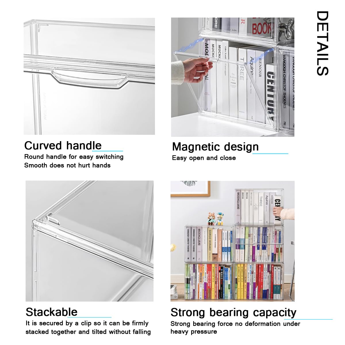 Fox Claw ​​​​​​Clear Acrylic Bookcase, Book Organizer Box, Portable Book Containers with Magnetic Door, Stackable Display Case for Purses Handbags Dolls Toys Shoes(Clear, 14.17" ×10.63"×8.66")