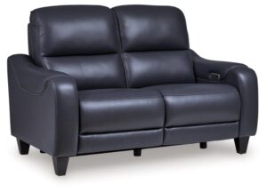 signature design by ashley mercomatic contemporary leather match wall hugger power reclining loveseat with adjustable headrest and usb ports, blue