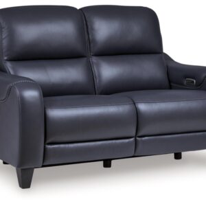 Signature Design by Ashley Mercomatic Contemporary Leather Match Wall Hugger Power Reclining Loveseat with Adjustable Headrest and USB Ports, Blue