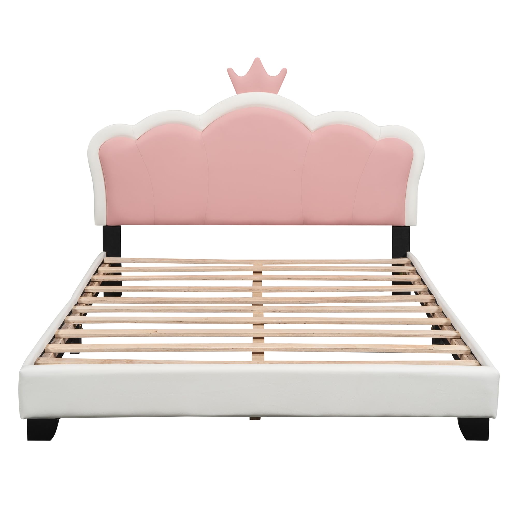 Merax Kid Full Upholstered Day Bed Frame with Crown Headboard, Wood Princess Low Platform Bed for Boys Girls,Easy Assemble White+Pink