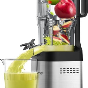 AMZCHEF Cold Press Juicer, Juicer Machines - 5.2" Large Feed Chute for Whole Fruits & Vegetables, Stainless Steel Slow Masticating Juicer Easy to Clean, Large Auger, Double Strainers, Silver