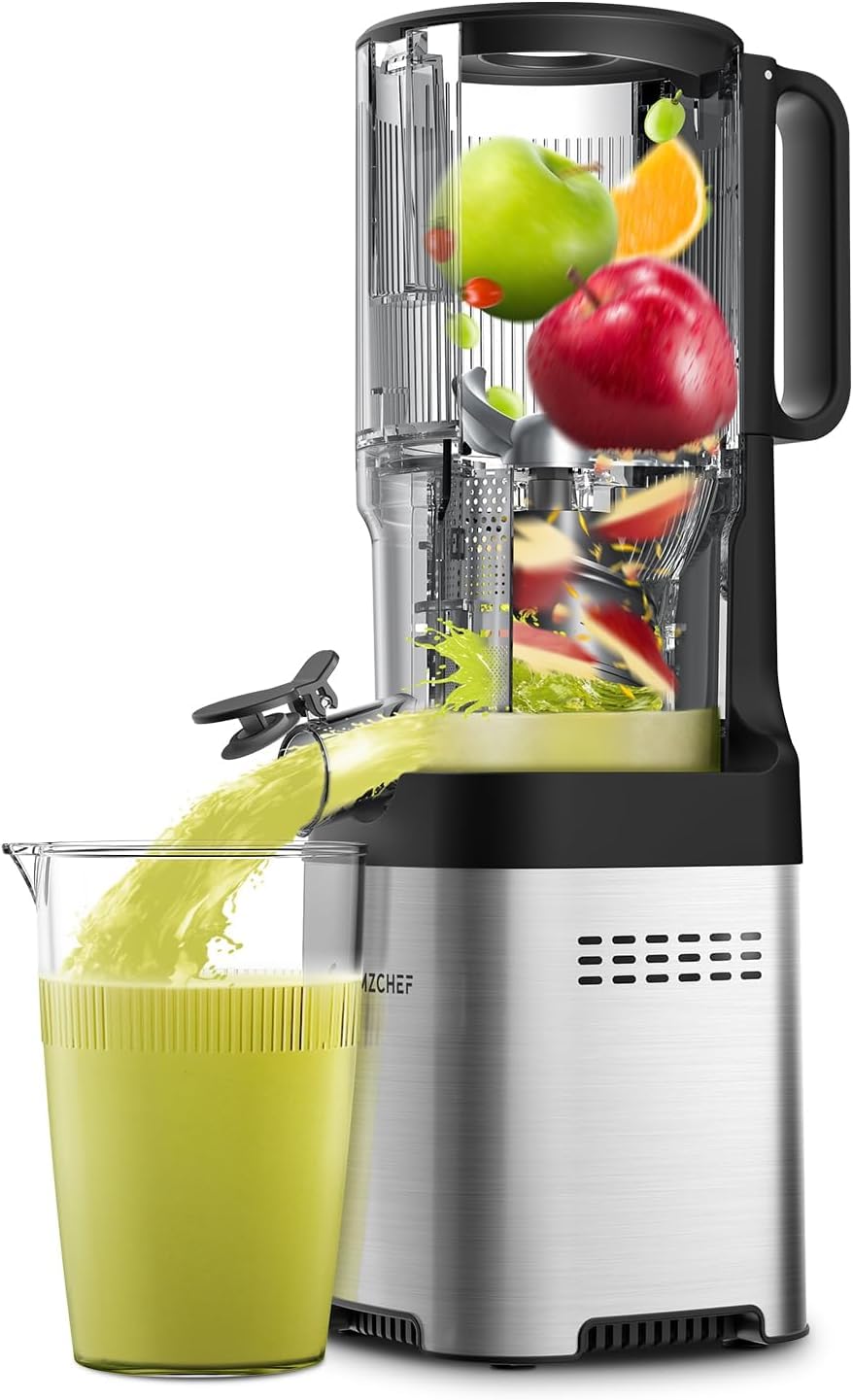 AMZCHEF Cold Press Juicer, Juicer Machines - 5.2" Large Feed Chute for Whole Fruits & Vegetables, Stainless Steel Slow Masticating Juicer Easy to Clean, Large Auger, Double Strainers, Silver