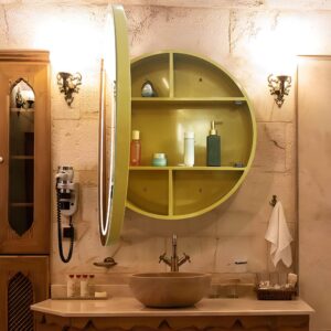 Janboe 26inch Round Medicine Cabinet with Lights,Led Medicine Cabinet with Defogger,Illuminated Mirror Cabinet for Bathroom,Dimmable,Anti-Fog,3 Colors,Surface Mount only,Gold