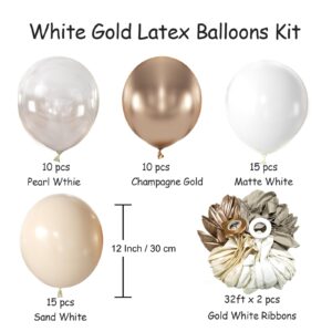 Sand White and Gold Balloons, 50PCS White and Metallic Champagne Gold Balloons 12 Inch Pearl White and Gold Latex Balloons for Birthday,Graduation,Baby Shower,Wedding Party Decorations