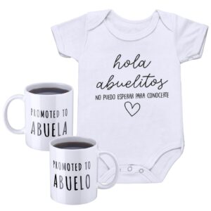 tioncy hola abuelitos spanish pregnancy announcement bodysuit promoted to abuela and abuelo coffee mugs,0-6 months(white)