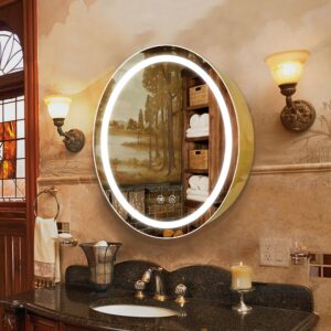 janboe 26inch round medicine cabinet with lights,led medicine cabinet with defogger,illuminated mirror cabinet for bathroom,dimmable,anti-fog,3 colors,surface mount only,gold