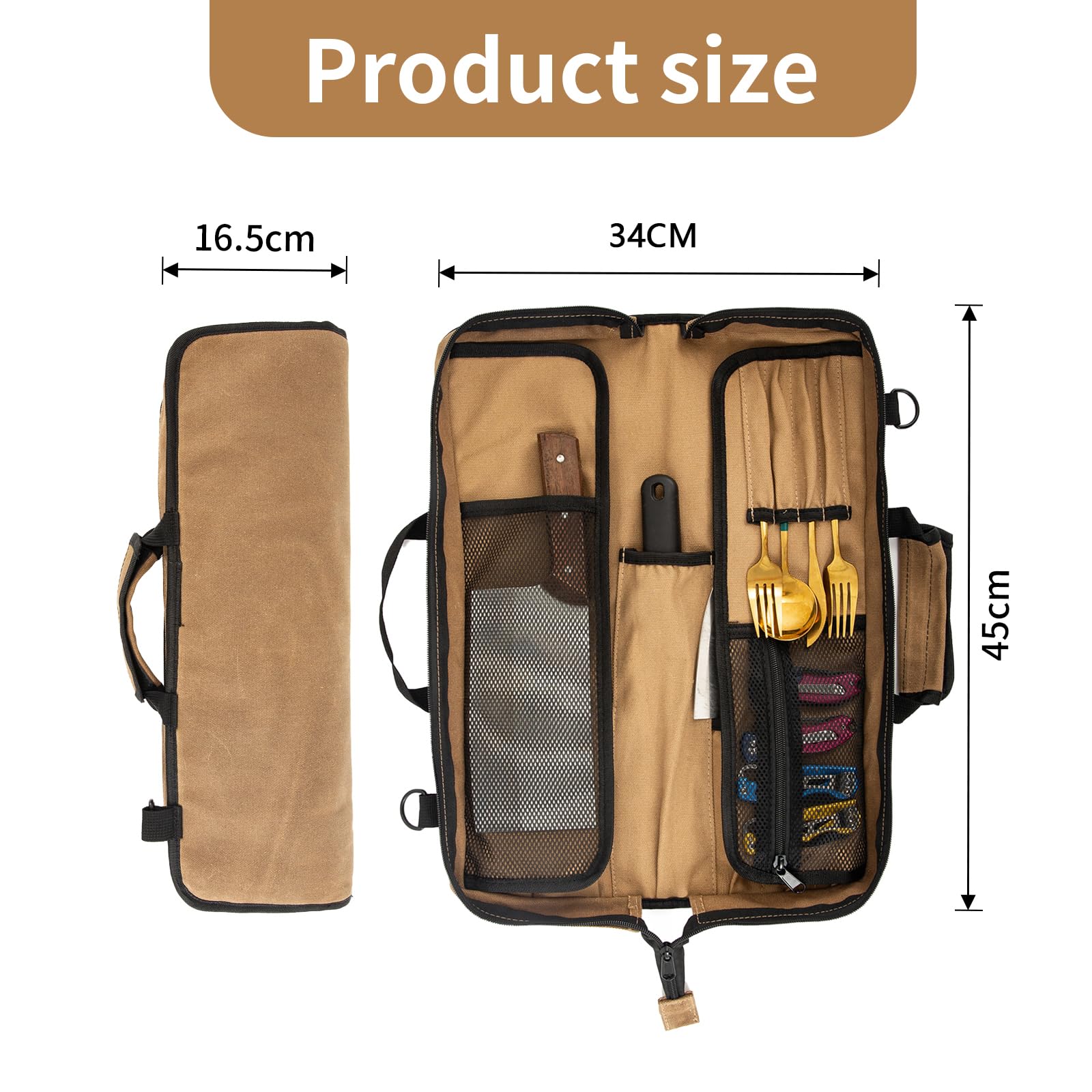 Knife Roll,Waxed Canvas Knife Bag,Heavy Duty Knife Case,Chef Knife Bag Roll with 13 Slots for Knives and Kitchen Tools,Knife Roll Bag For Chefs Culinary Traveling,Knives Pouch Holder Wrap (Khaki)