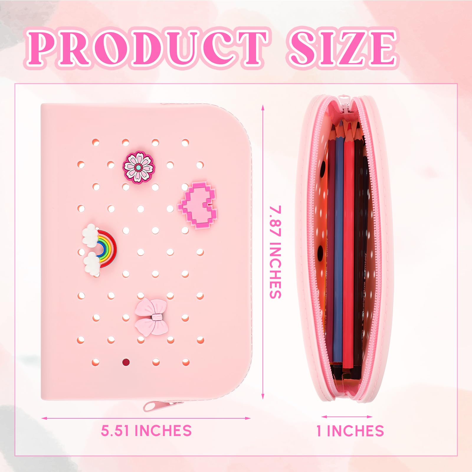 Bulyoou Pink Silicone Pencil Case with Shoe Charm Slots Cute Pencil Bags Pencil Pouch Aesthetic Pencil Pouch Makeup Pouch for Women DIY Without Charms