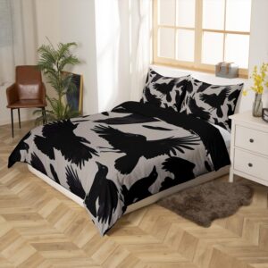 Feelyou Kids Raven Full Size Bedding Set Black Feathers Bird Themed Comforter Cover Set for Girl Boys Gothic Art Duvet Cover All Season Home Decor,1 Duvet Cover with 2 Pillow Shams