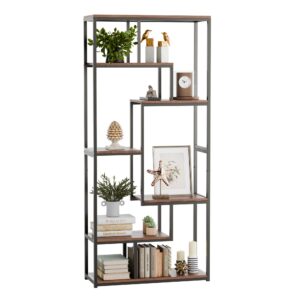 beskadi 70 inch extra tall bookshelves, 7-tier deep walnut staggered bookshelf vintage geometric bookcase, industrial open bookshelf, heavy duty display shelves organizer for living room,home office.