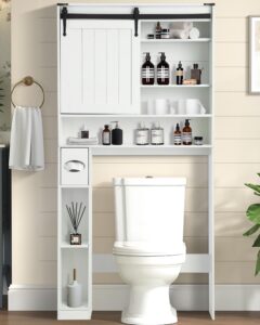 yoconyo over the toilet storage cabinet, farmhouse over toilet cabinet included sliding barn door,toilet paper holder stand and adjustable bottom bar, freestanding toilet rack for bathroom,white