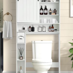 YOCONYO Over The Toilet Storage Cabinet, Farmhouse Over Toilet Cabinet Included Sliding Barn Door,Toilet Paper Holder Stand and Adjustable Bottom Bar, Freestanding Toilet Rack for Bathroom,White