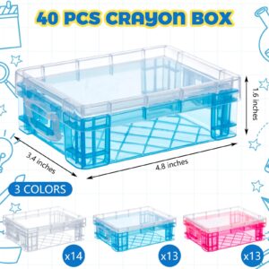 Suzile 40 Pcs Plastic Crayon Boxes Stackable Transparent Crayon Organizer with Lid Crayon Storage Containers Bulk for Office School Classroom Supplies Pen Pencil Art Crafts (Clear, Red, Blue)