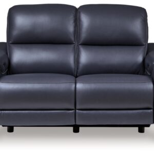 Signature Design by Ashley Mercomatic Contemporary Leather Match Wall Hugger Power Reclining Loveseat with Adjustable Headrest and USB Ports, Blue