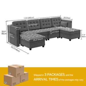 DWVO Modular Sectional Sofa, U Shaped Sectional Couch with Reversible Chaise Velvet 6-Seater Sectional Couch with 3-Position Adjustable Armrests and USB Port