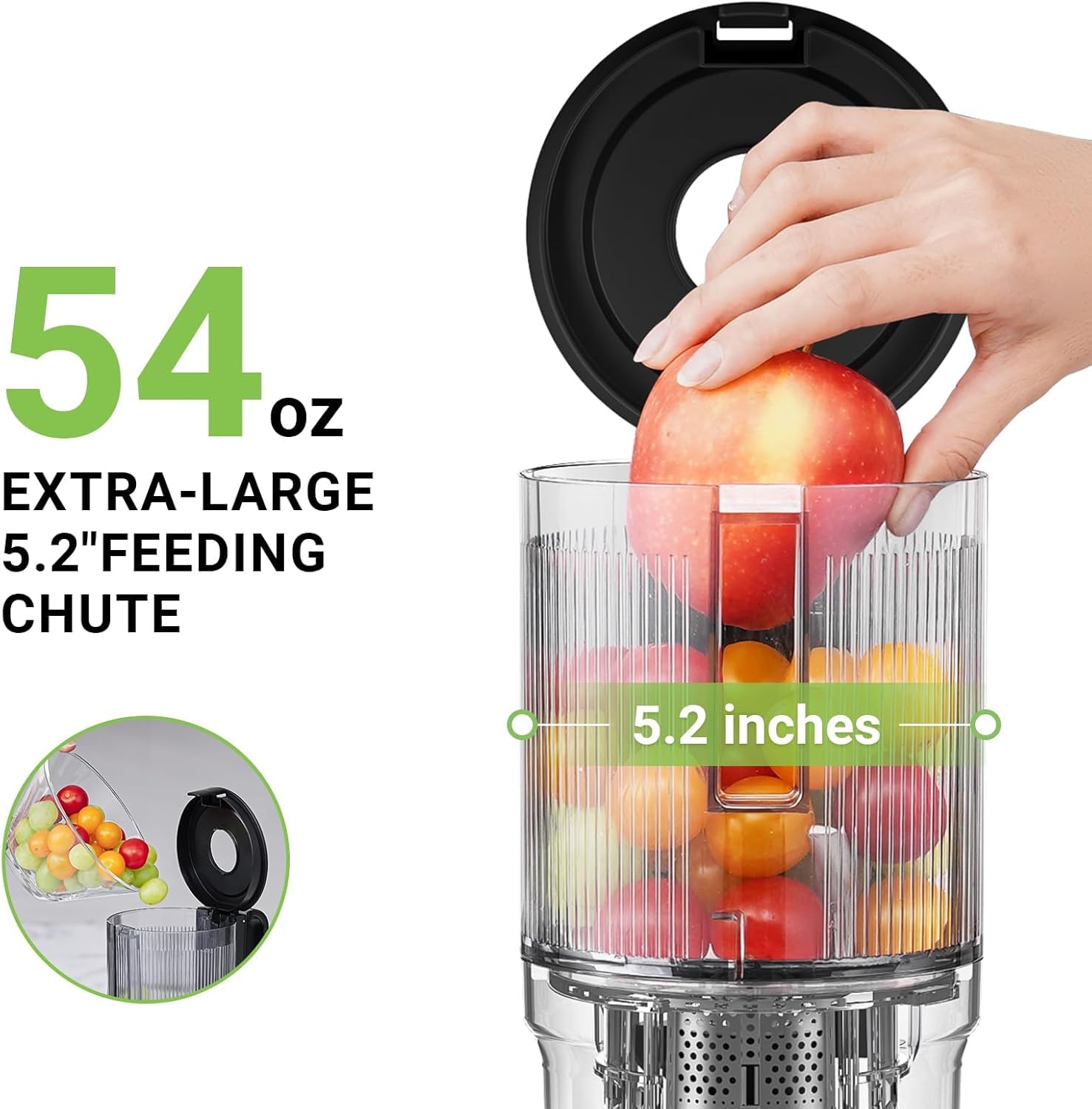 AMZCHEF Cold Press Juicer, Juicer Machines - 5.2" Large Feed Chute for Whole Fruits & Vegetables, Stainless Steel Slow Masticating Juicer Easy to Clean, Large Auger, Double Strainers, Silver