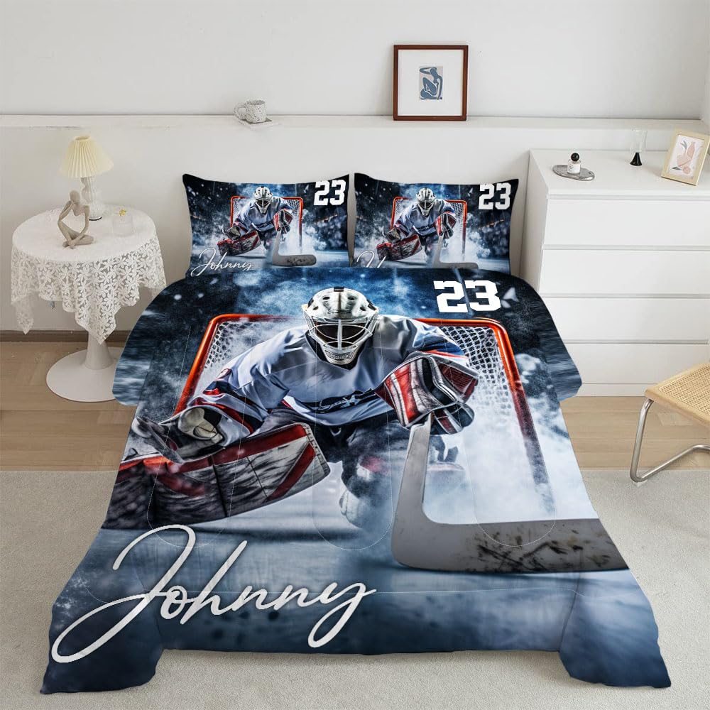 WAZARO Custom Amazing Ice Hockey Goalie Comforter Set, Personalized Hockey Blanket Twin Full Queen King, Hockey Decorations for Boys Room Hockey Stick Bedding Sets Bedspreads Sport Home Decor