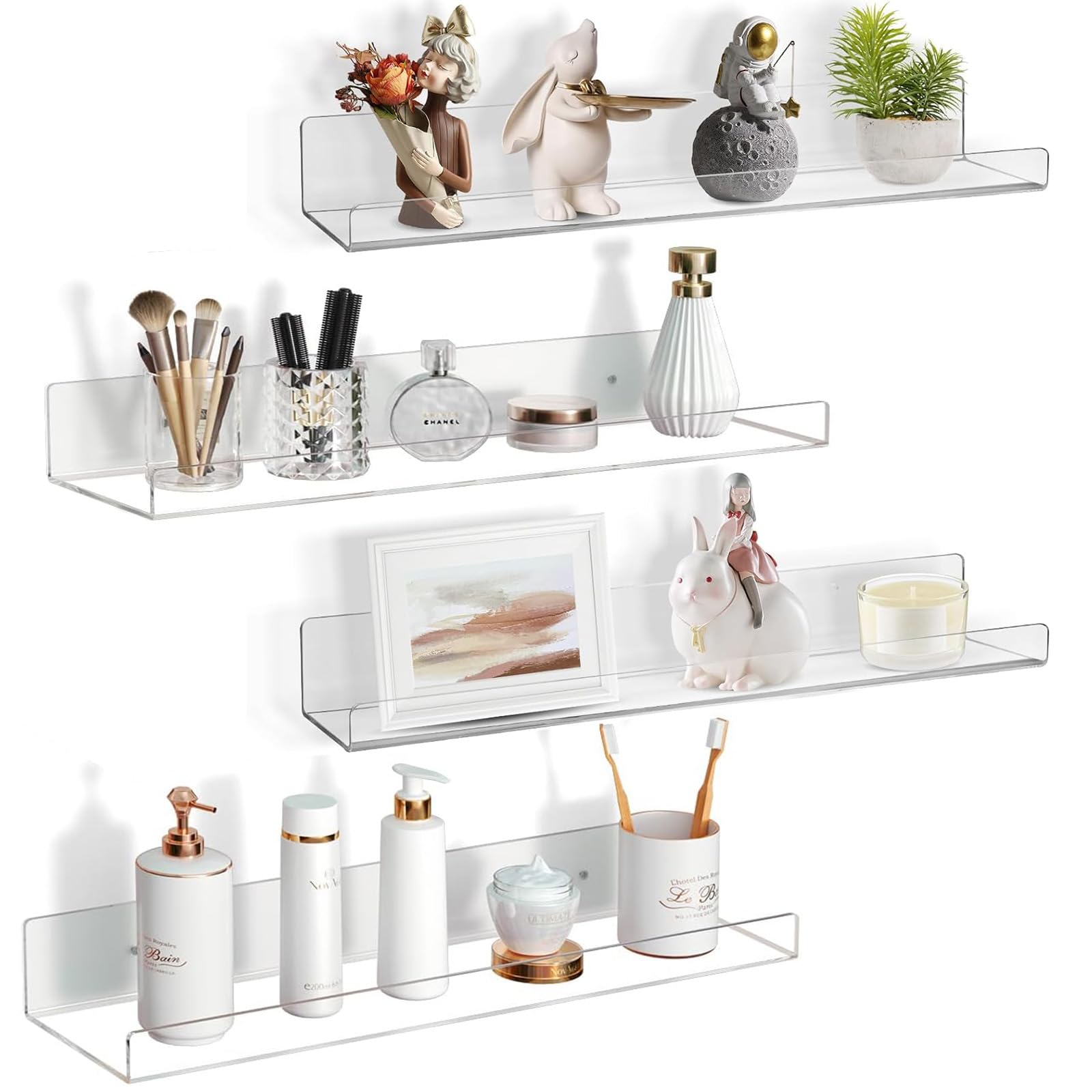 MAEKAUTE 15 inch Acrylic Shelves, Floating Wall Shelves Set of 4, Shelves for Wall Decor, with Invisible Display Shelf Organizer for Bathroom, Living Room,Bedroom and Kitchen