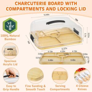 Portable Charcuterie Board with Lid for Travel, Bamboo Charcuterie Cheese Board with Cover Compartments, To Go Charcuterie Box Serving Tray Board Set with Clear Locking Lid for Party Picnic Meat Snack