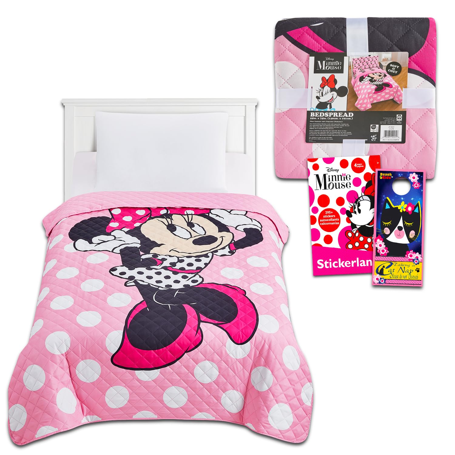 Minnie Mouse Bedspread Twin Set for Kids - Bundle with Minnie Mouse Quilted Bedspread for Twin Bed Plus Stickers, More | Minnie Mouse Twin Bedding Set for Girls