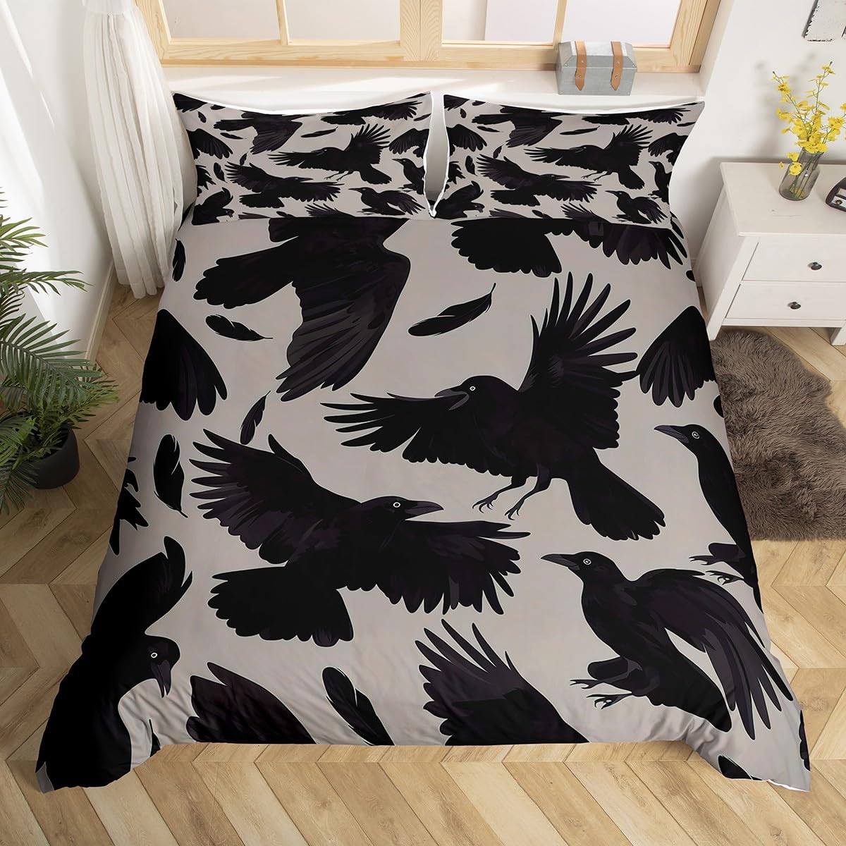 Feelyou Kids Raven Full Size Bedding Set Black Feathers Bird Themed Comforter Cover Set for Girl Boys Gothic Art Duvet Cover All Season Home Decor,1 Duvet Cover with 2 Pillow Shams