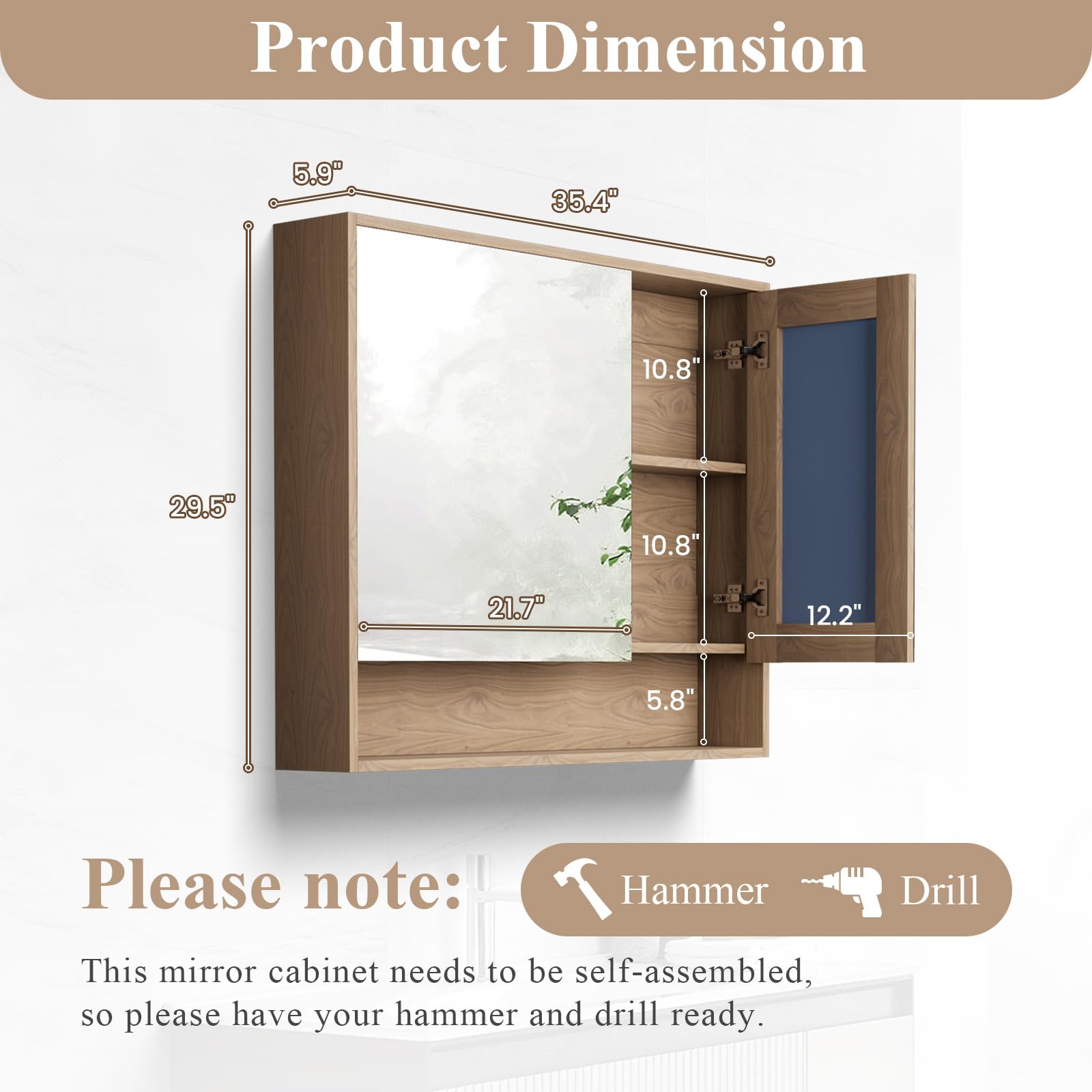 Bumblr Bathroom Medicine Cabinet with Mirror, Bathroom Wall Cabinet with Storage Over Toilet, Medicine Cabinet Organizer with 2 Doors for Laundry Room, Entryway, Bedroom, Dark Woodgrain, 36" x 30"