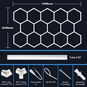 Hexagon Garage Light,57 Pack 14 Hexagon Honeycomb Lights,368W 39376LM Hexagon LED Lights,6500K Super Bright LED Hexagon Garage Light,LED Hexagon Lights for Garage Workshop Basement Gym Warehouse