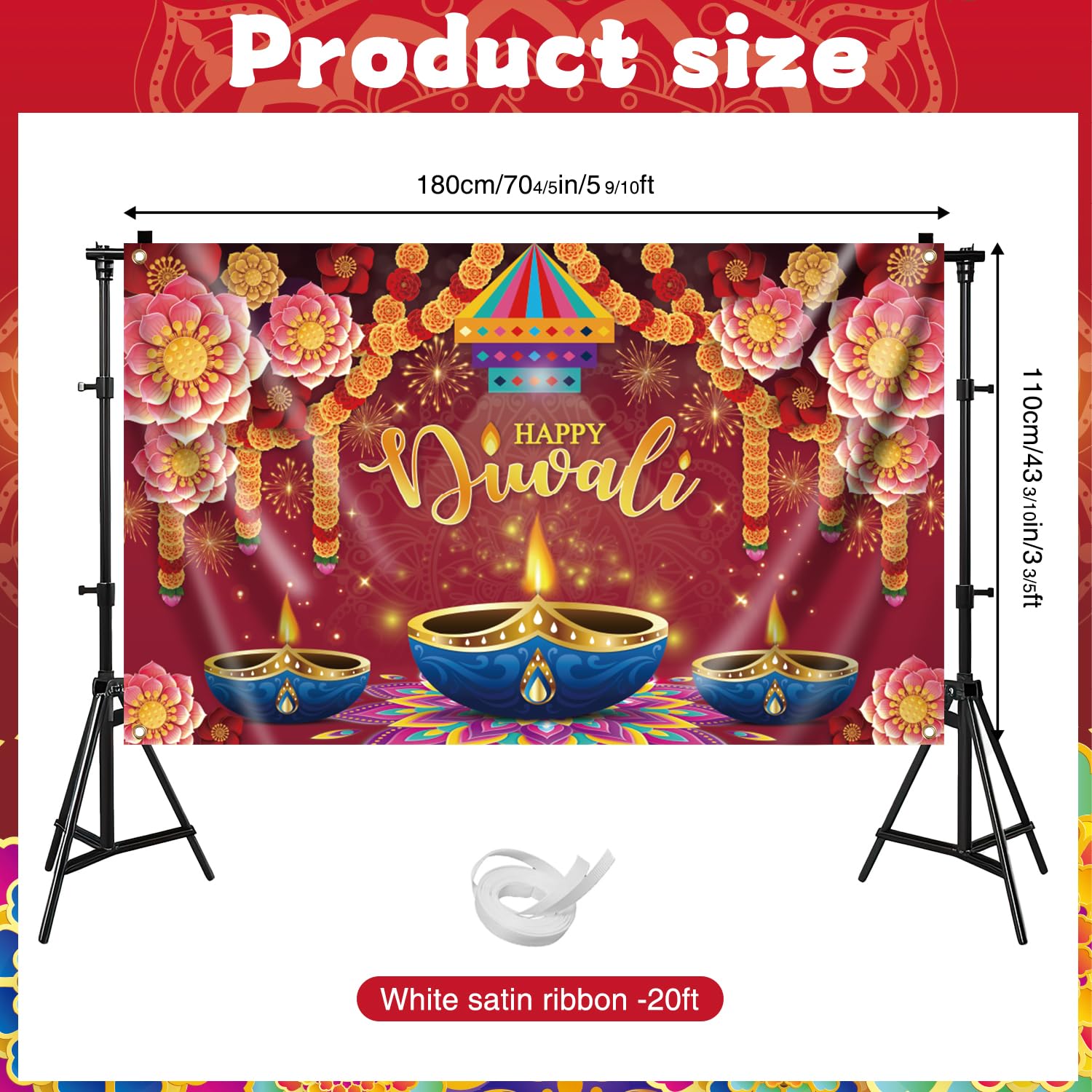 Large 71" X 43" Happy Diwali Backdrop, Red Happy Diwali Banner, Diwali Decorations for Home, Diwali Banner Decorations Backdrop, Celebration Deepavali Party Decorations tineit