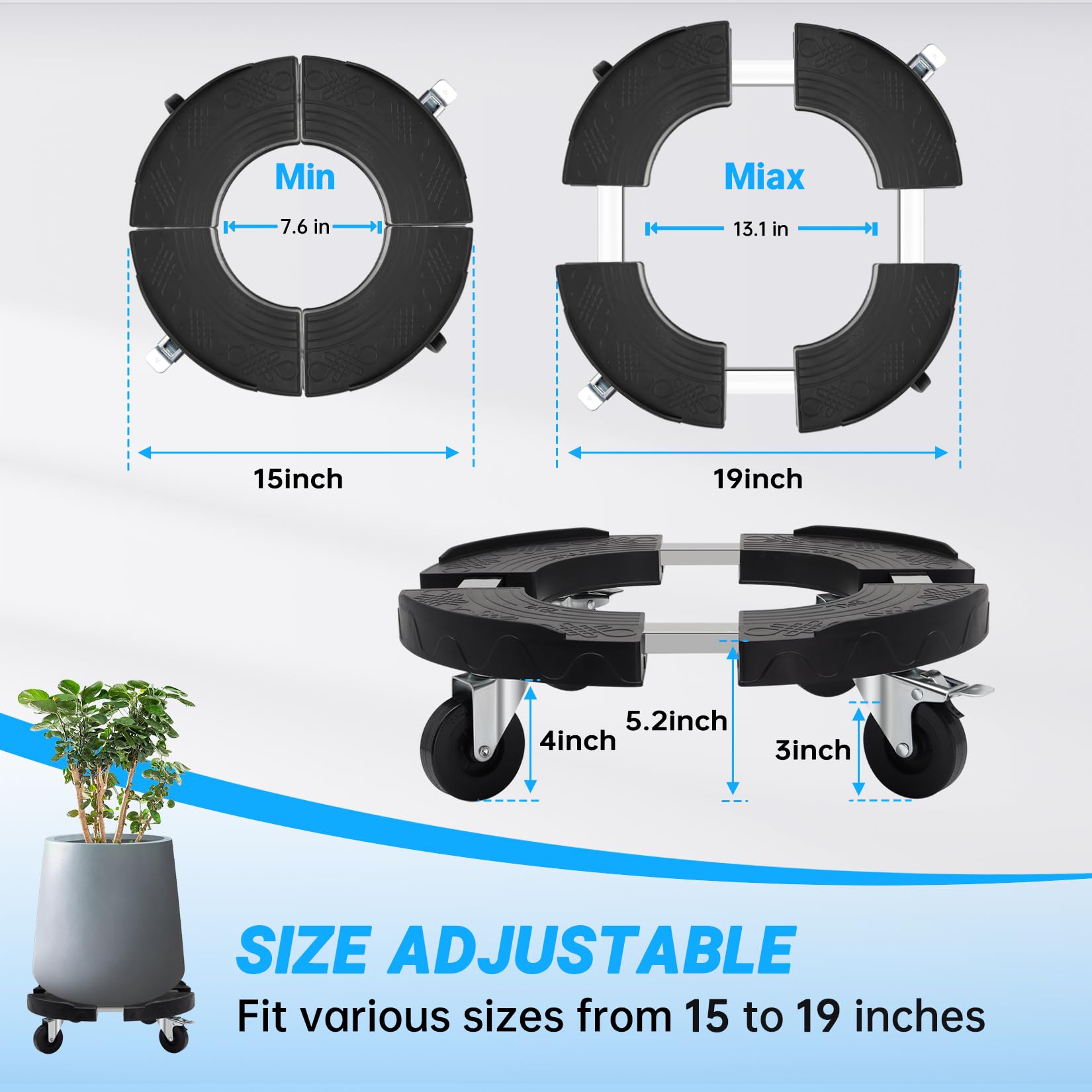 W B D WEIBIDA Upgraded Trash Can Dolly Adjustable 15-19 Inch Round Dolly with 3” Wheels Heavy Duty Trash Can Roller Base Large Barrel Dolly Multi Functional Drum Dolly Bucket Dolly