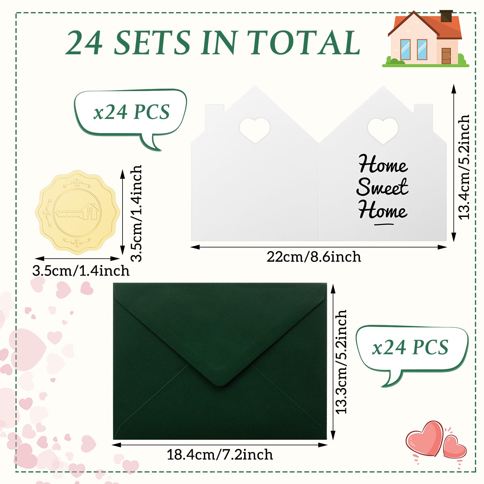 Motiskyy 24 Sets New Home Card Estate Agents Congratulations New Housewarming Card Welcome to Home Card House Shaped Greeting Thank You Note Card with Envelope and Sticker for Gift Supplies(Green)